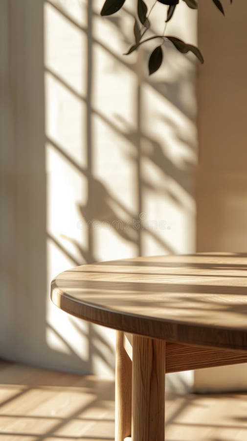 Round Wooden Table with Soft Sunlight and Shadow Patterns, Minimalist ...