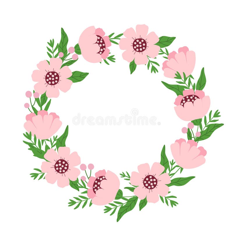 Round Wreath of Pink Flowers. Spring Frame in Pastel Colors. Cute ...