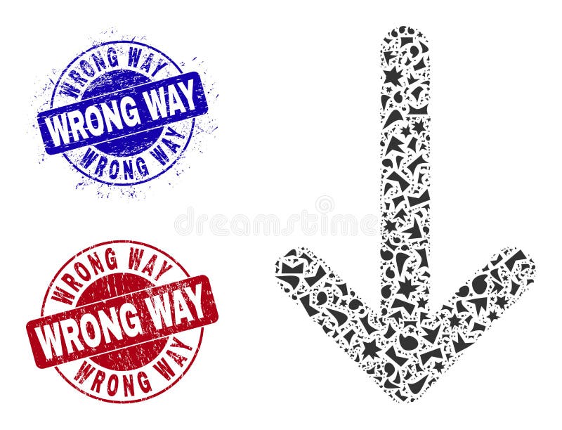 Arrow Down Mosaic of Shards with Wrong Way Grunge Seal Stamps Stock ...