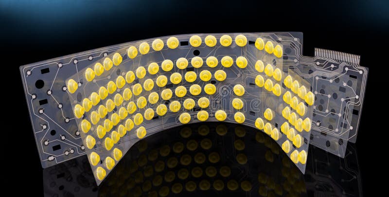 Electronic Flex Circuit Board Detail on Blue Plastic Membrane Curled To ...