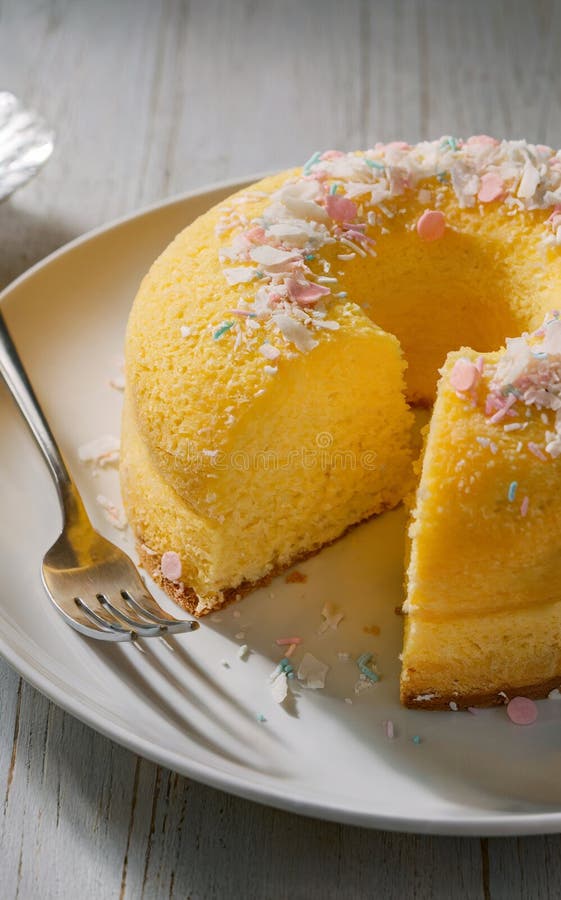 A Round, Yellow Cake Sits on a Plate with a Slice Removed, Revealing ...