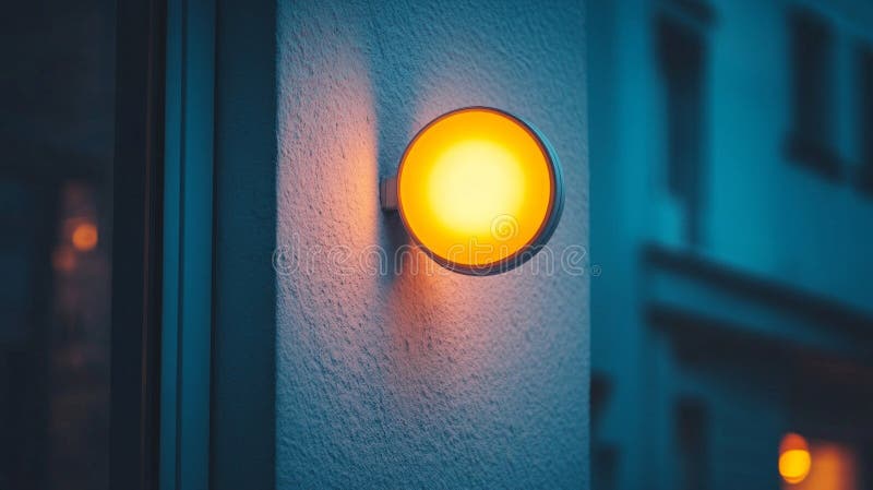 Round Yellow Wall Light Illuminating Blue Building at Night Stock ...