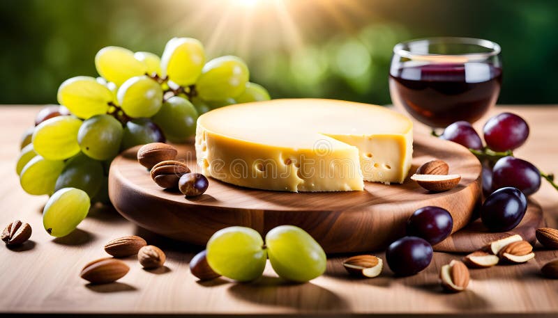 Round Young Cheese on a Cutting Board, with Grapes, Isolated on a White ...