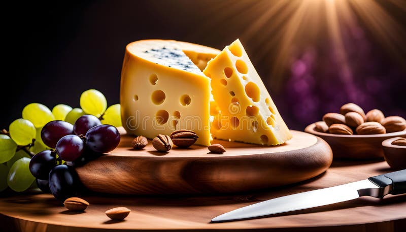 Round Young Cheese on a Cutting Board, with Grapes, Isolated on a White ...