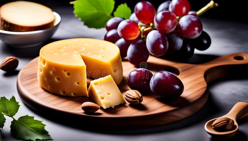 Round Young Cheese on a Cutting Board, with Grapes, Isolated on a White ...