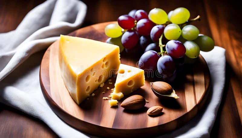 Round Young Cheese on a Cutting Board, with Grapes, Isolated on a White ...