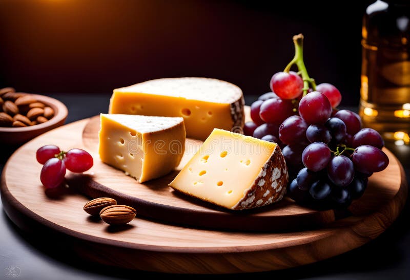 Round Young Cheese on a Cutting Board, with Grapes, Isolated on a White ...