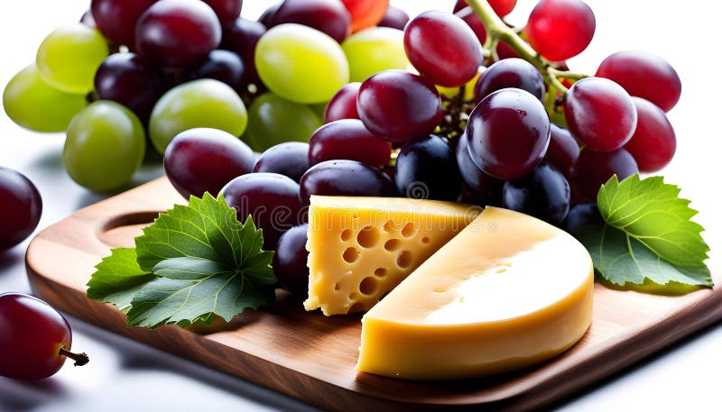 Round Young Cheese on a Cutting Board, with Grapes, Isolated on a White ...