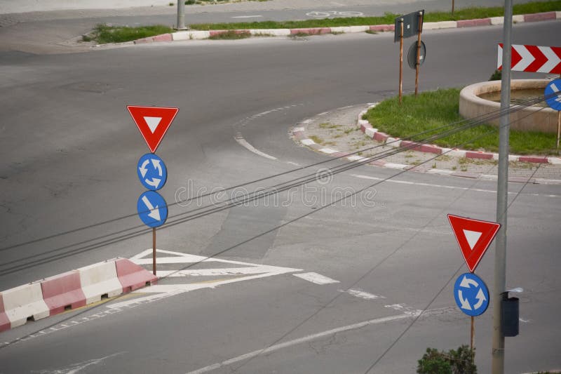 Roundabout with Road Markings and Road Signs in Constanta Stock Image ...