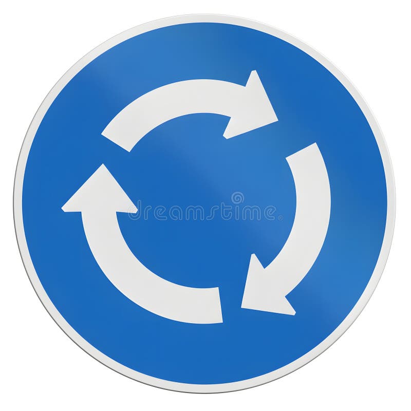 Roundabout Sign with Circular White Arrows on Blue Background Stock ...