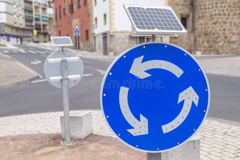 Roundabout Sign Powered by Solar Panel Stock Image - Image of efficient ...