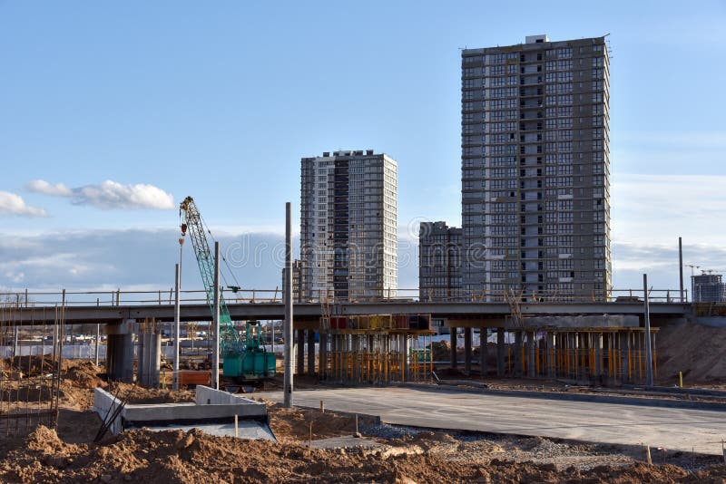 Roundabout and Traffic Bridge Construction. Construction Highway Ramps ...
