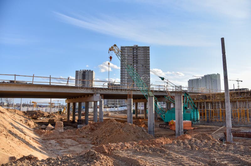 Bridge Construction Project Works. Roundabout Traffic Bridge ...
