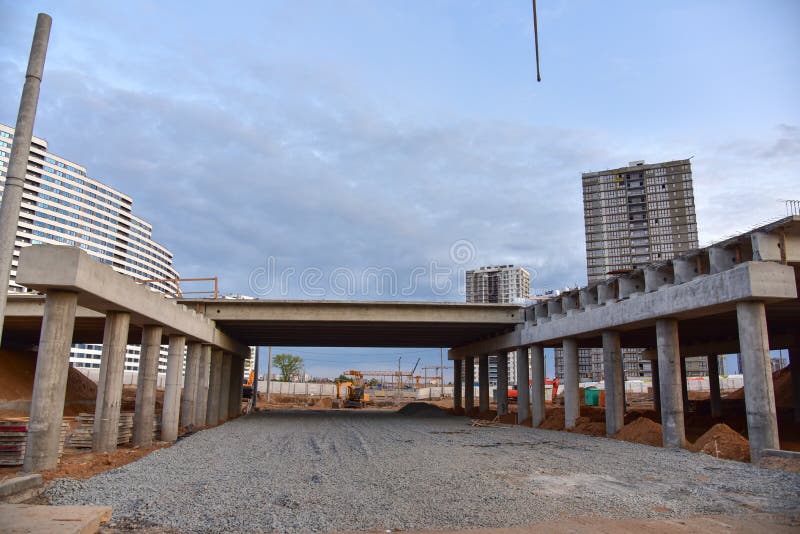 Roundabout and Traffic Bridge Construction. Construction Highway Ramps ...