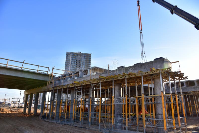Roundabout and Traffic Bridge Construction. Construction Highway Ramps ...