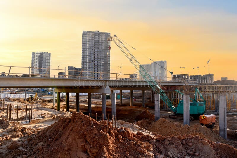 Roundabout and Traffic Bridge Construction. Construction Highway Ramps ...