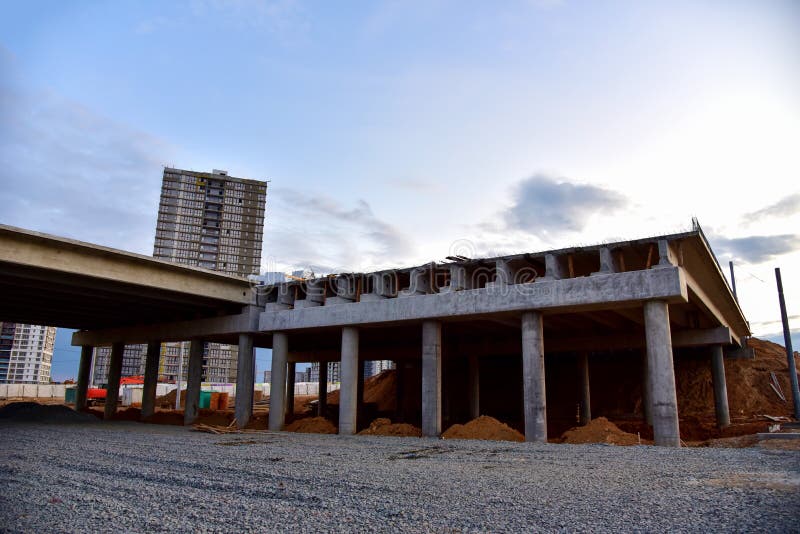Roundabout and Traffic Bridge Construction. Construction Highway Ramps ...