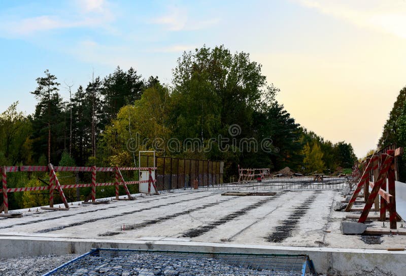 Roundabout and Traffic Bridge Construction. Construction Highway Ramps ...