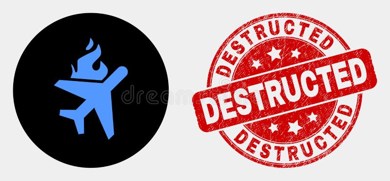 Vector Fired Airplane Icon and Scratched Destructed Stamp Stock Vector ...