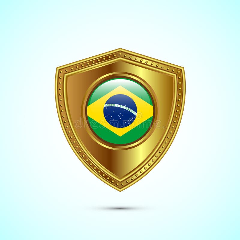 Rounded Flag of Brazil with Glossy Gold Shield Stock Illustration ...