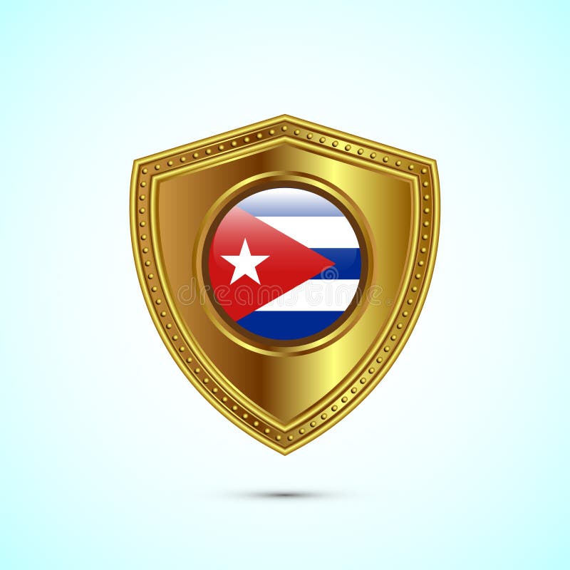 Rounded Flag of Cuba with Glossy Gold Shield Stock Illustration ...