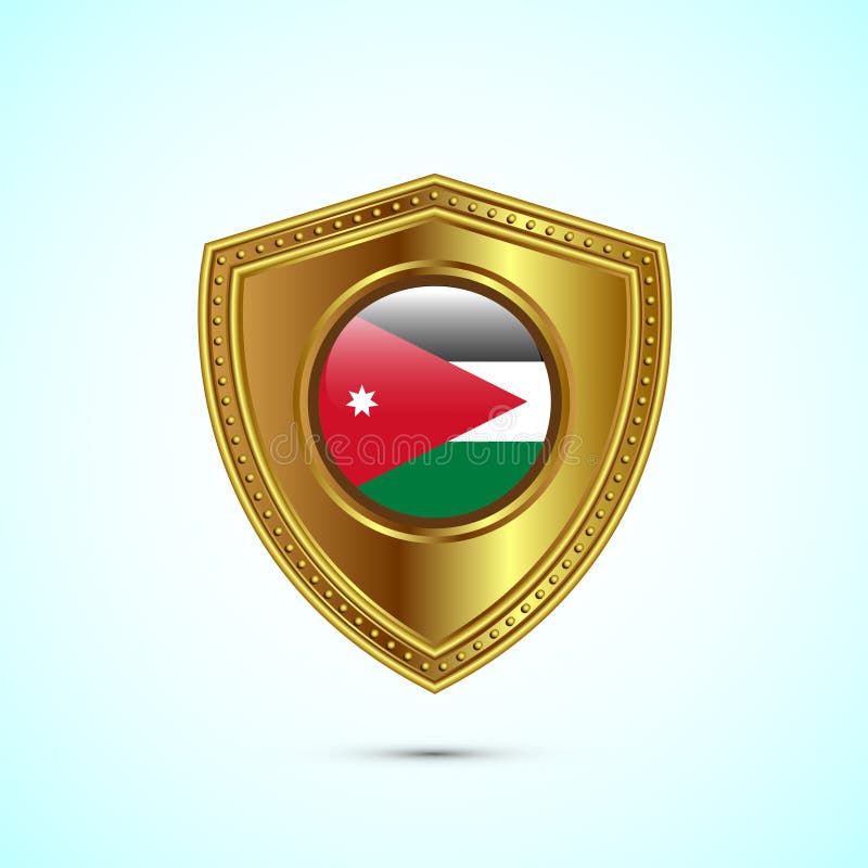 Rounded Flag of Jordan with Glossy Gold Shield Stock Illustration ...