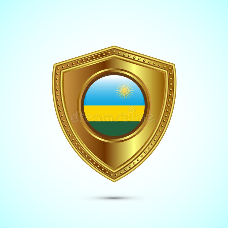 Rounded Flag of Rwanda with Glossy Gold Shield Stock Illustration ...