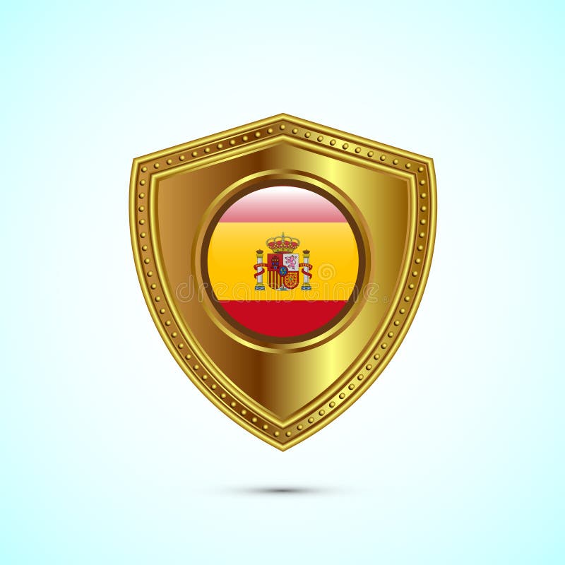 Rounded Flag of Spain with Glossy Gold Shield Stock Illustration ...