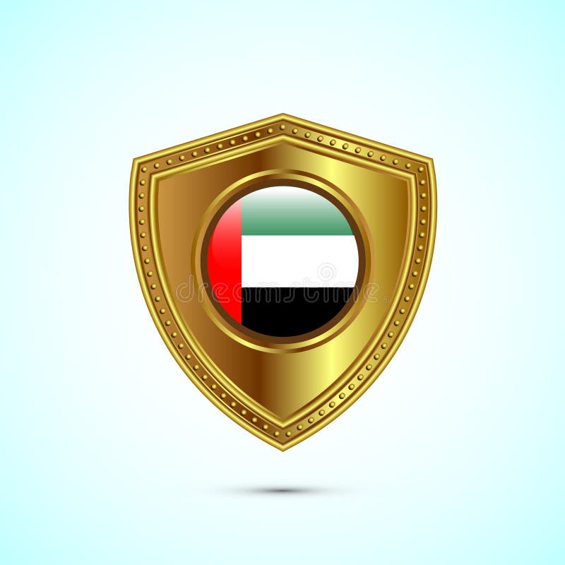 Rounded Flag of United Arab Emirates with Glossy Gold Shield Stock ...