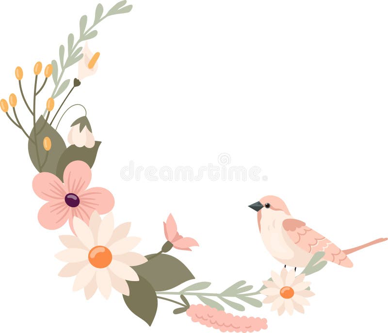 Rounded Flower Frame with Bird Stock Vector - Illustration of spring ...