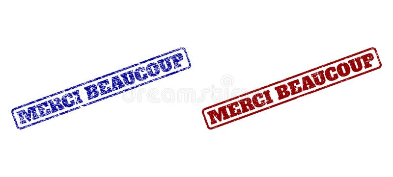 MERCI BEAUCOUP Blue and Red Rounded Rectangle Stamps with Distress ...