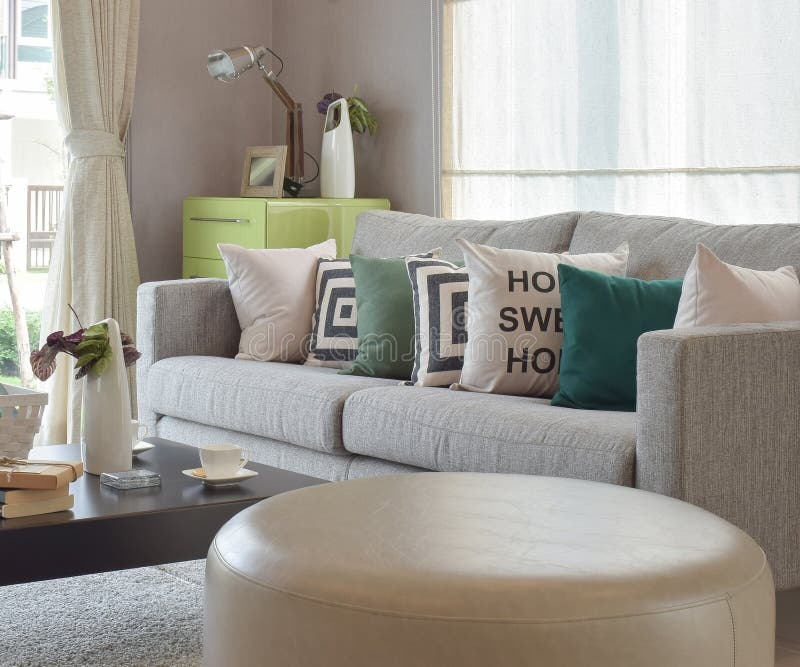 Rounded Shape Stool with a Cozy Sofa in Modern Living Room Stock Image ...