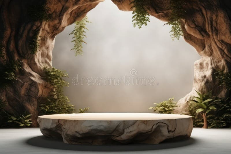 Rounded Stone Podium Platform in the Middle of a Cave with Plants ...