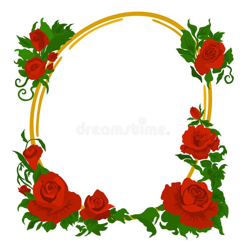 Rounded Vector Floral Frame with Red Roses and Leaves Isolated on White ...