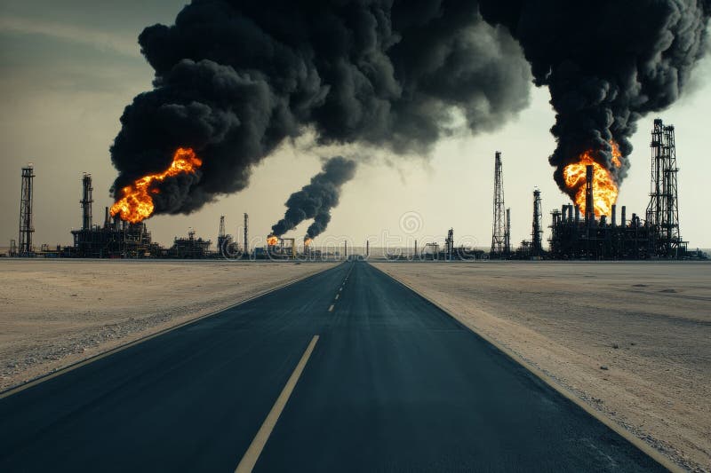 A Route Alongside an Oil Well Fire in a Field with an Oil Slick ...