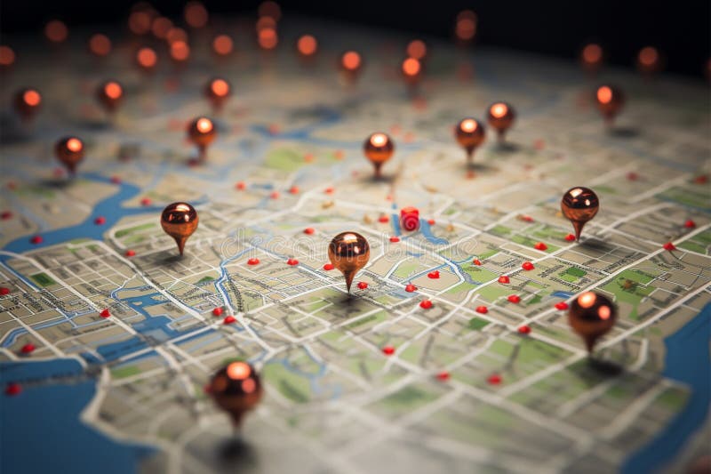 Route Discovery City Map with Multiple Red Pins, Guiding Paths Stock ...