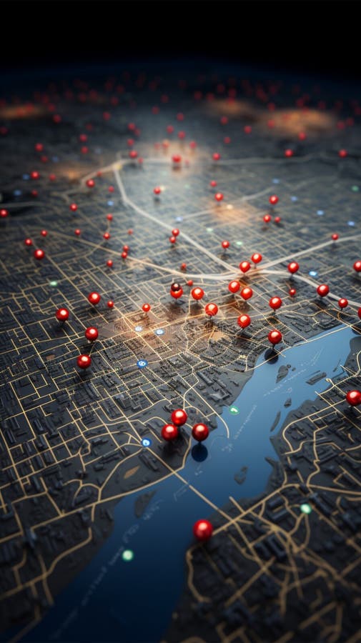 Route Discovery City Map with Multiple Red Pins, Guiding Paths Stock ...