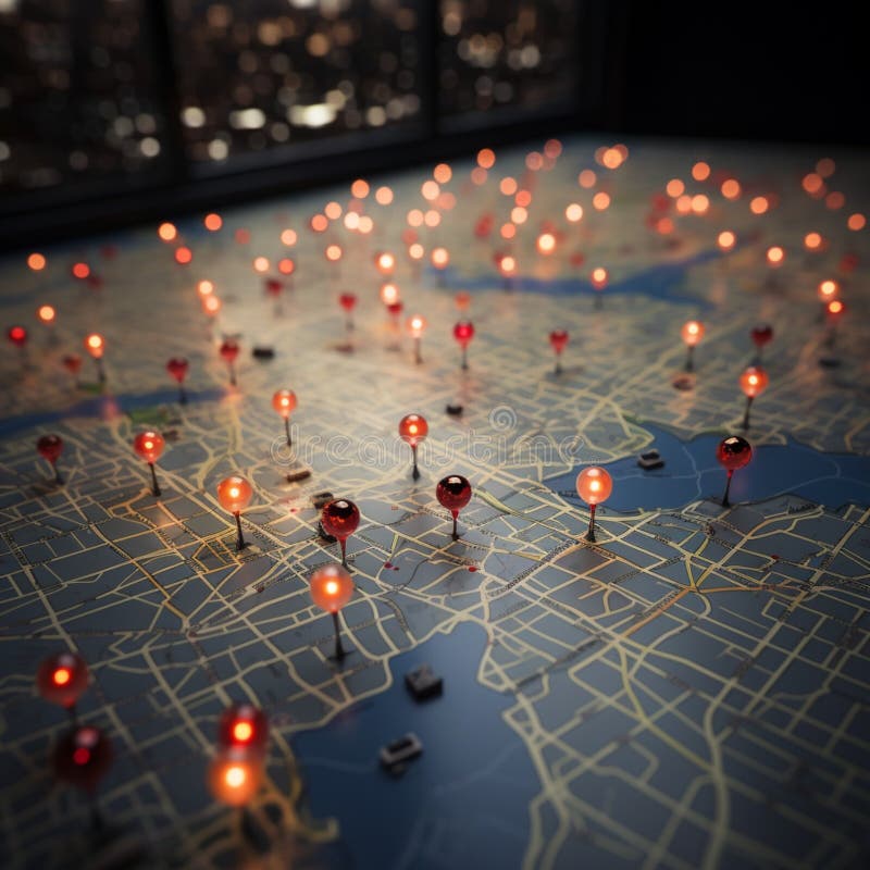 Route Discovery City Map with Multiple Red Pins, Guiding Paths Stock ...