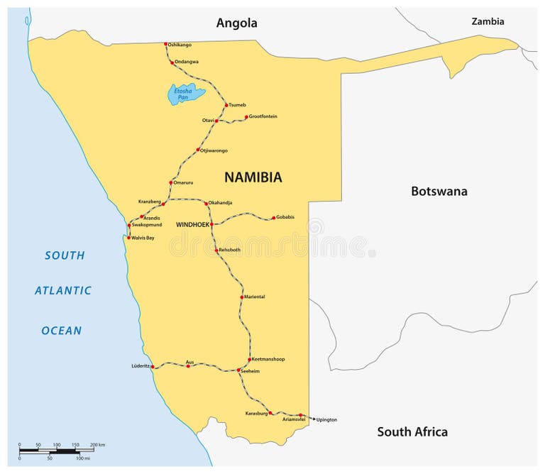Route Network Map and Train Stations in Namibia Stock Vector ...