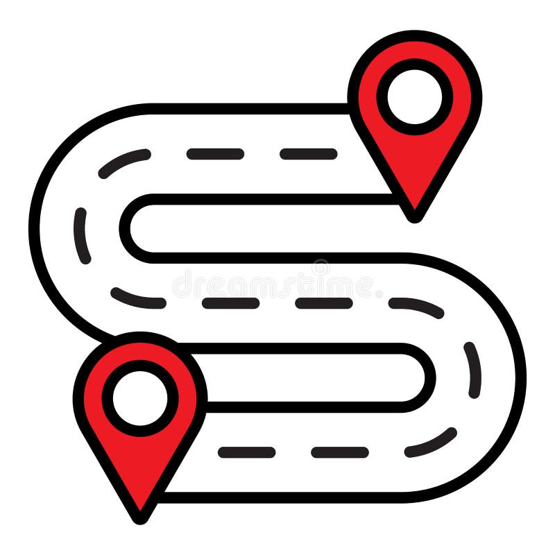 Route and Pin Location Line Icon. Road with Map Pins or Marker Vector ...