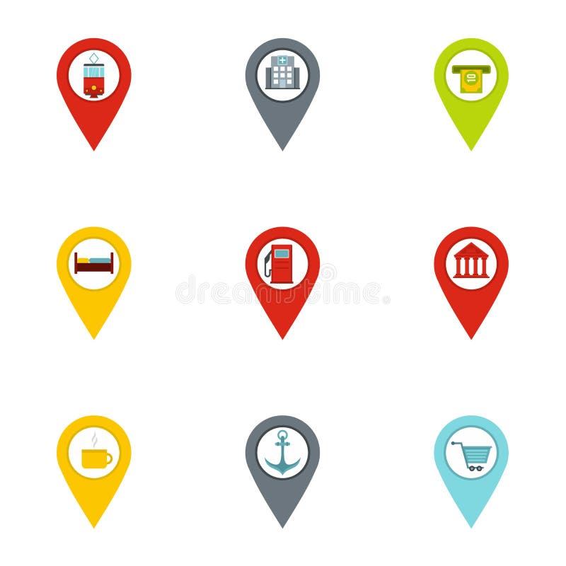 Route Pins Icon Set, Flat Style Stock Vector - Illustration of port ...