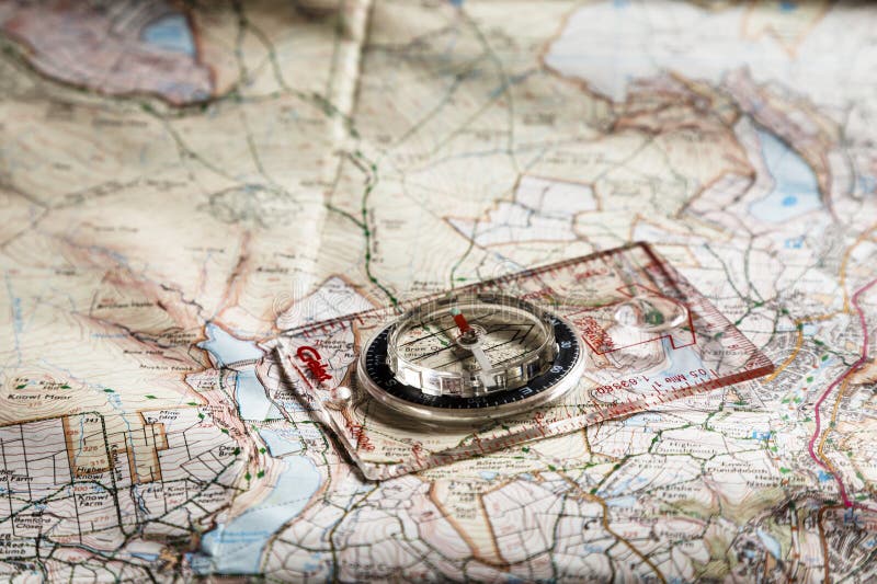 Route Planning Map and Compass Stock Image - Image of walking, used ...