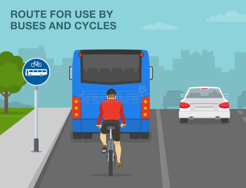 Route for Use by Buses and Cyclists. Back View of a Cyclist on a Bus ...
