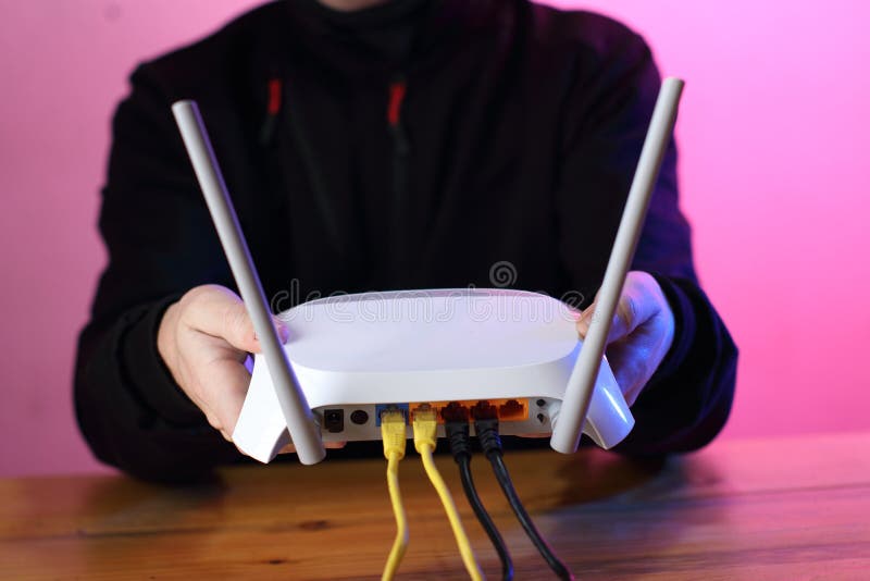 Wi-Fi Router with Cables on Table Stock Photo - Image of digital, port ...
