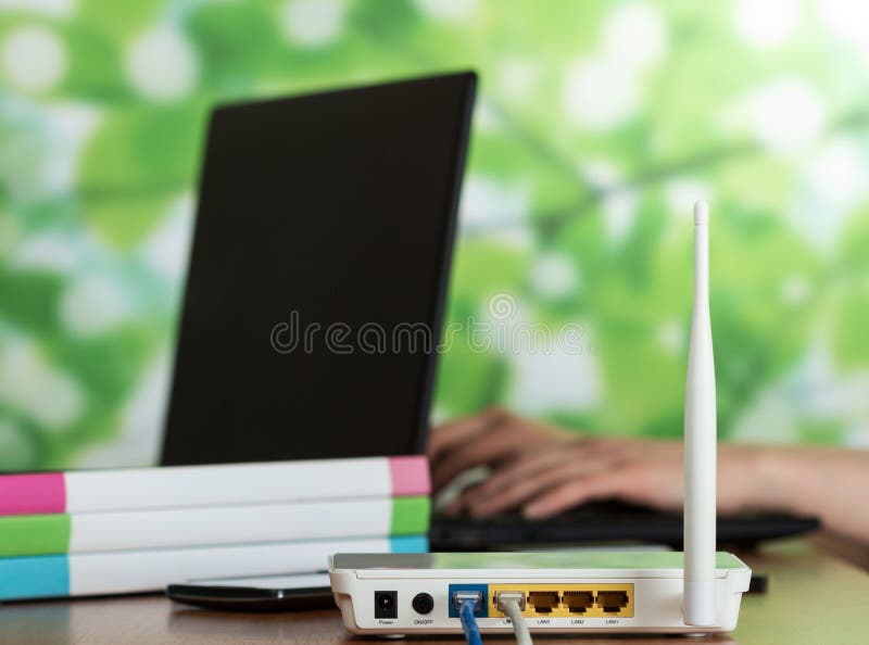 Router is Connected To Network, Laptop and Folders with Documents on ...