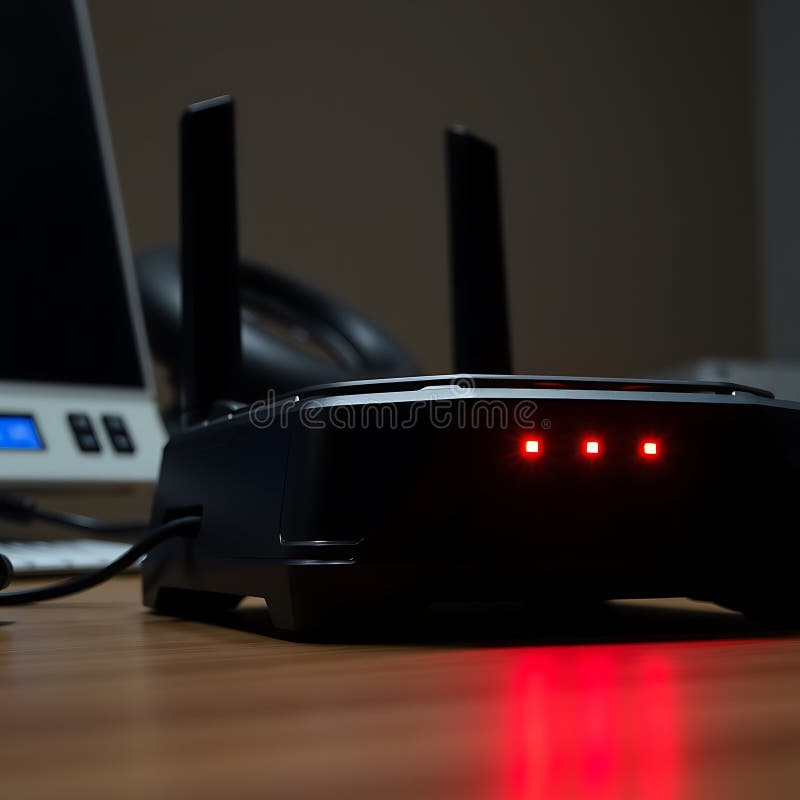 A Router on a Desk with a Close Up of the LED Indicators Glowing in the ...