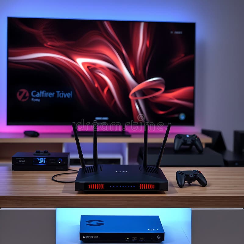 A Router on a Home Entertainment Center with Streaming Devices Gaming ...