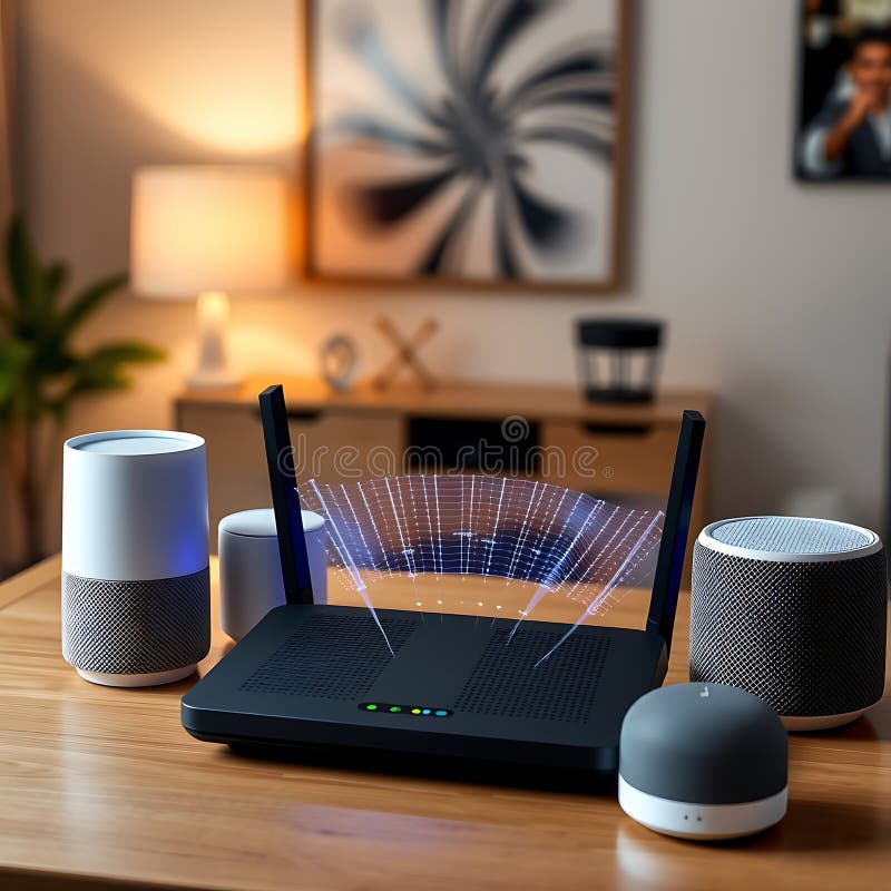 A Router with a Mesh Network System Surrounded by Smart Home Gadgets ...