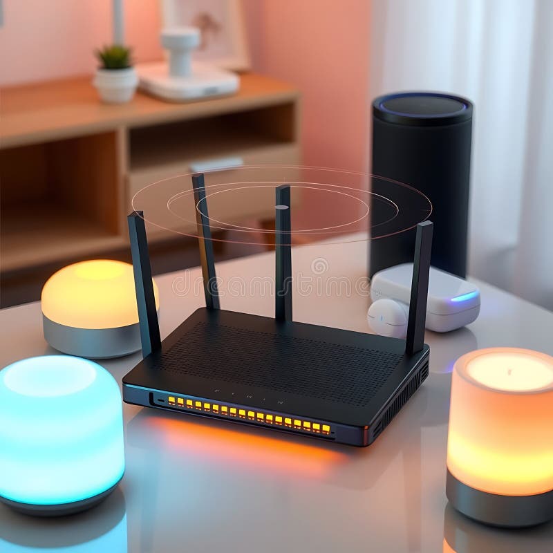A Router with a Mesh Network System Surrounded by Smart Home Gadgets ...