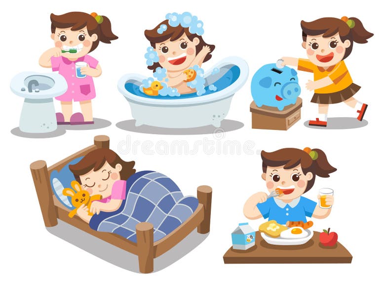The daily Routine of a Cute Girl on a White Background Stock Vector ...